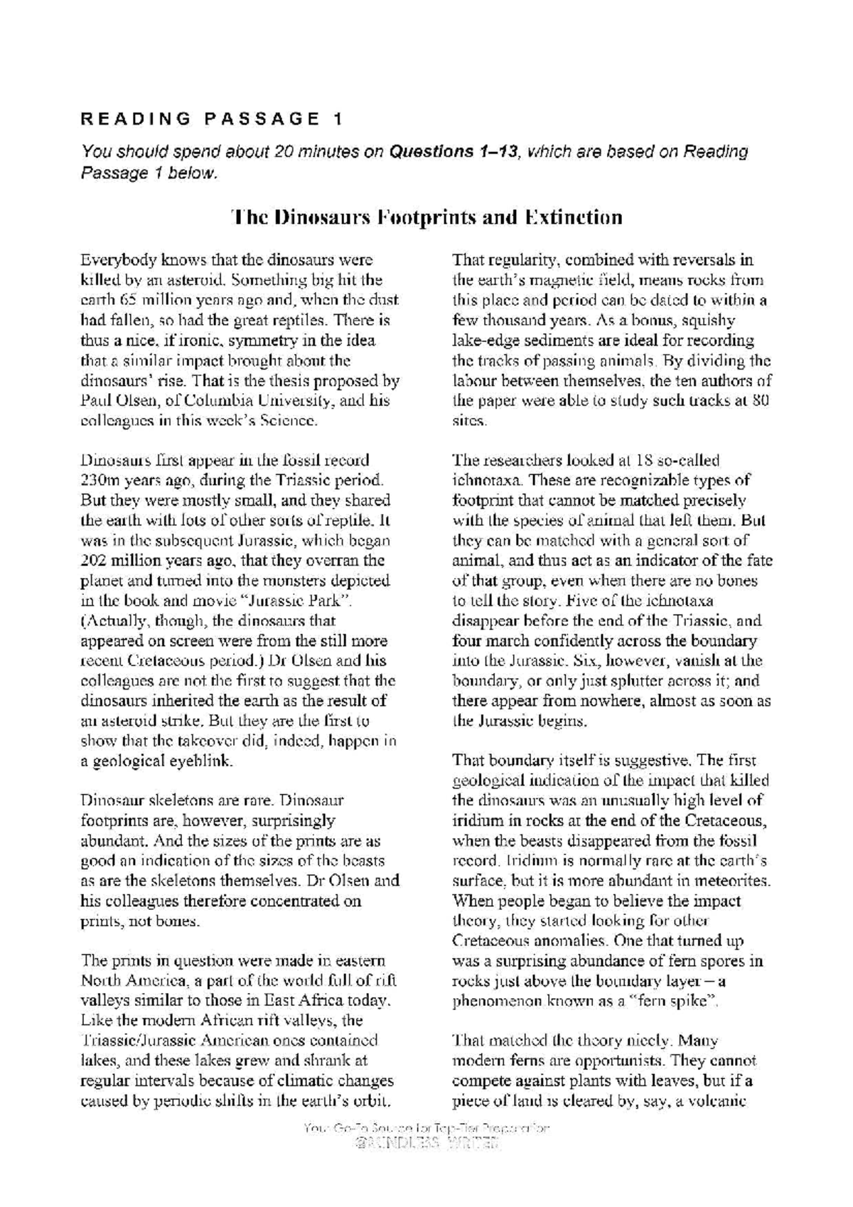 READING PASSAGE 1: Dinosaurs, Extinction, and Fossil Evidence - Full ...