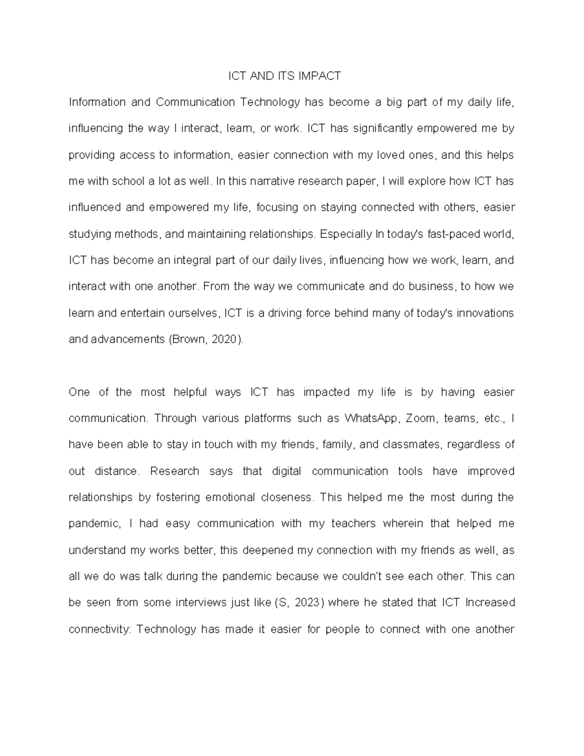 ICT's Impact on Daily Life: A Personal Narrative Essay - Studocu