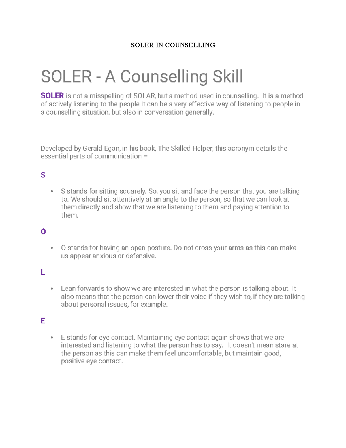 Soler in Counselling: Understanding the SOLER Method - Studocu