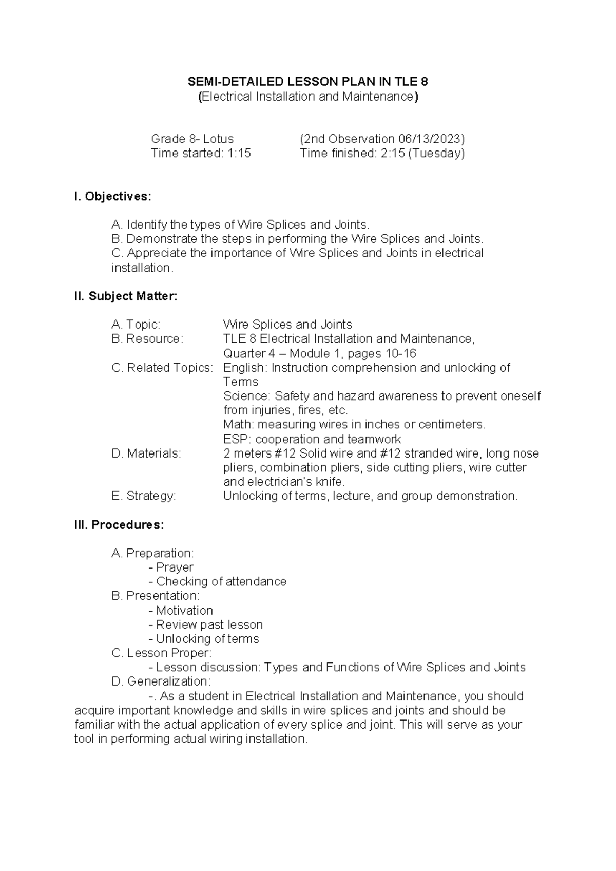 COT-LP2 - Semi-Detailed Lesson Plan on Wire Splices for TLE 8 - Studocu