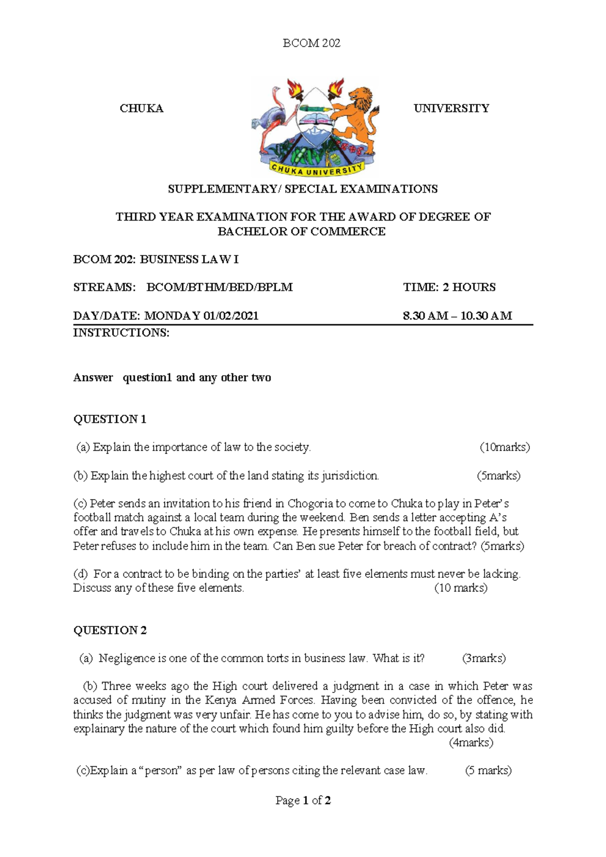 BCOM 202 - Business Law I Special Exam Notes - Studocu