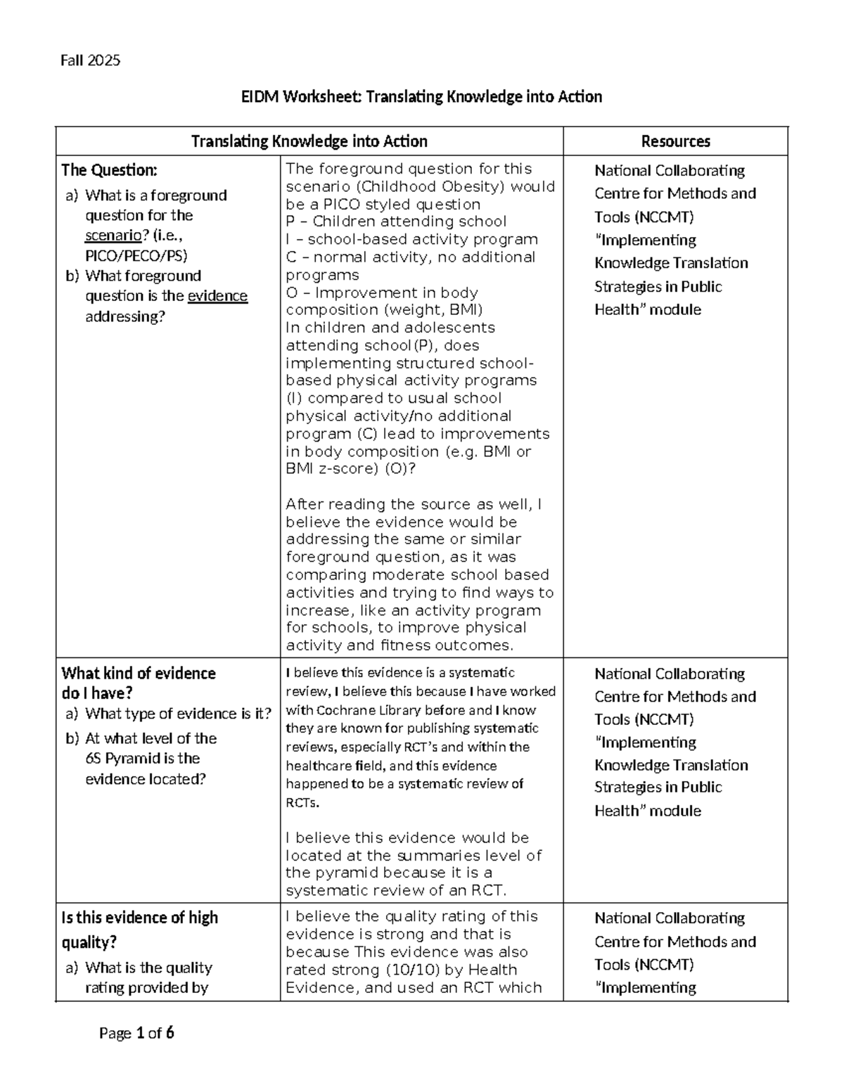 Fall 2025 EIDM Worksheet: Childhood Obesity Evidence Analysis - Studocu