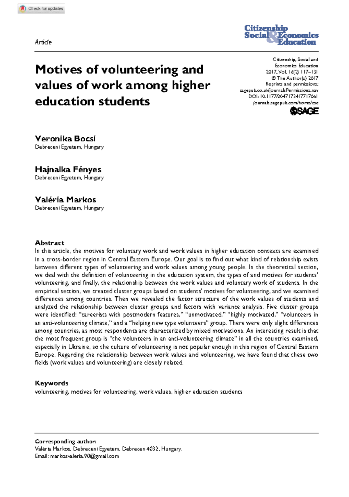 717061 Social and Economics Education: Volunteering Motives & Work ...