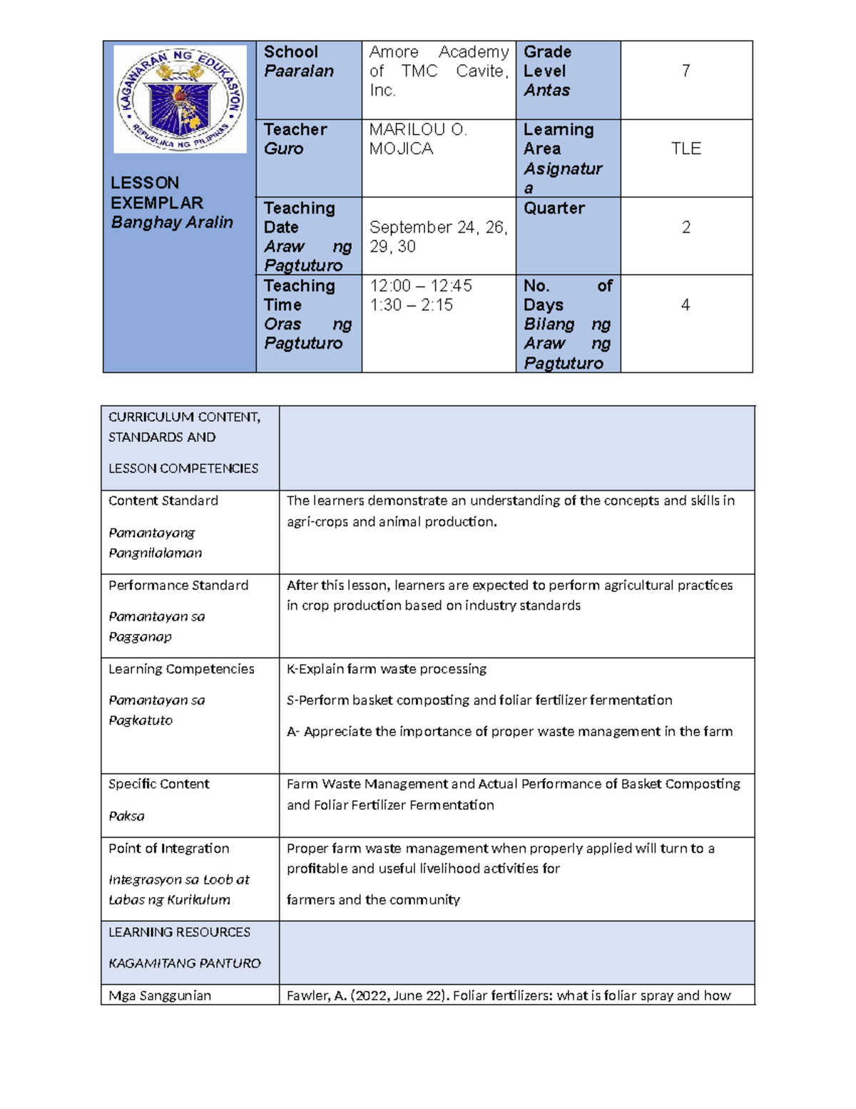 TLE 7 Lesson Plan: Farm Waste Management & Composting Techniques - Studocu