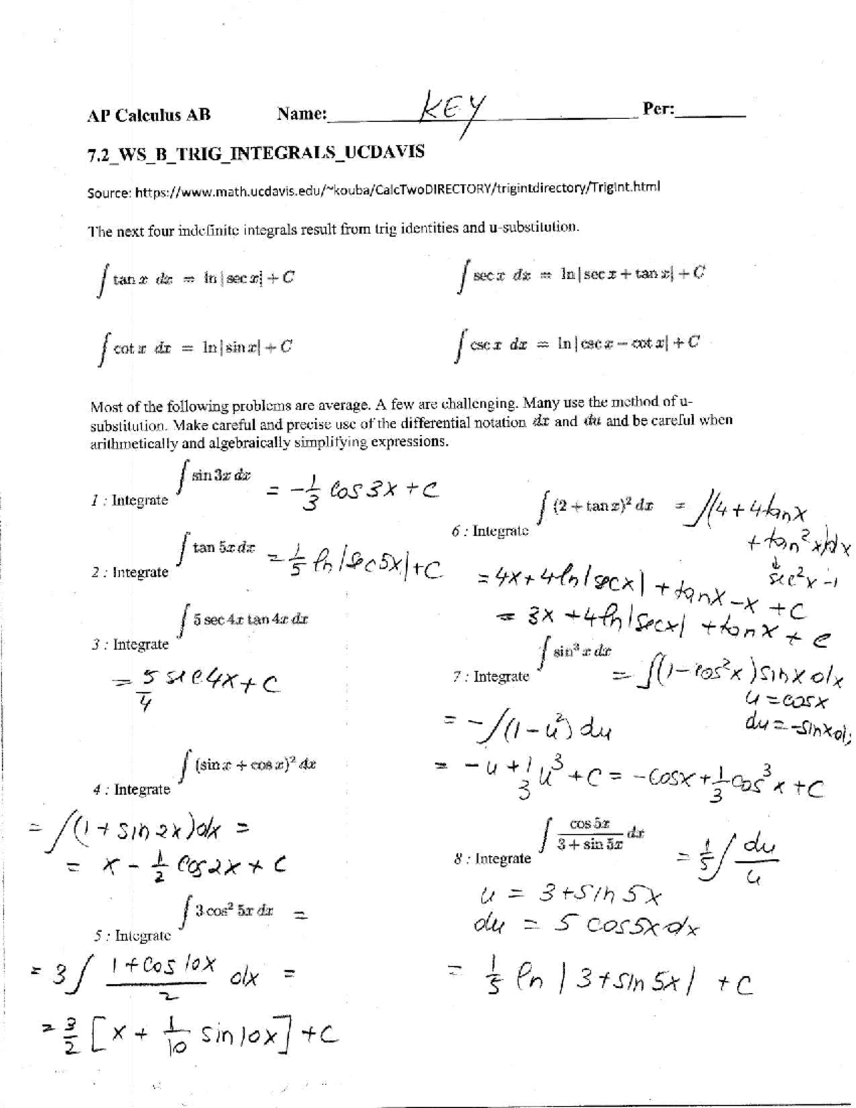 AP Calculus AB - Key 7.2: Trigonometric Integrals Worksheet - Studocu