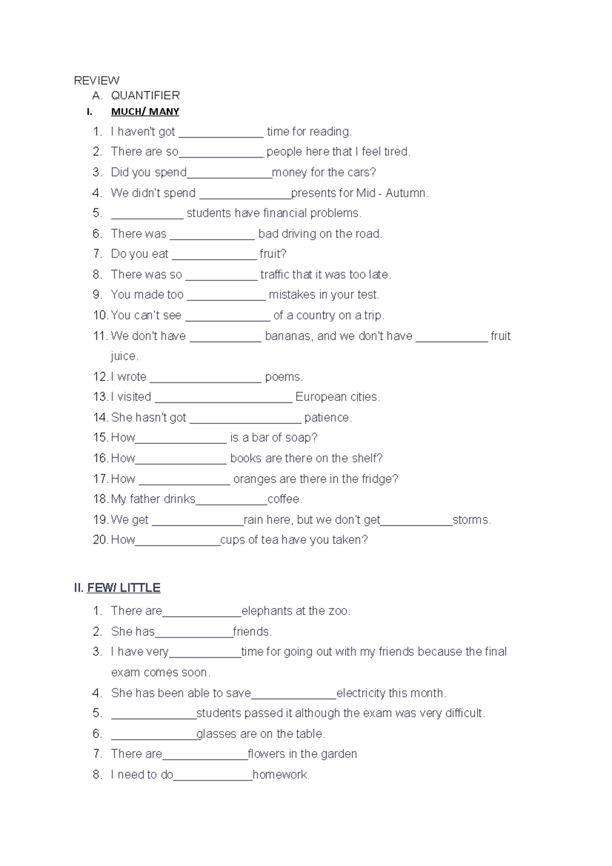 Quantifier Review Exercise for English Class: A Study Guide - Studocu
