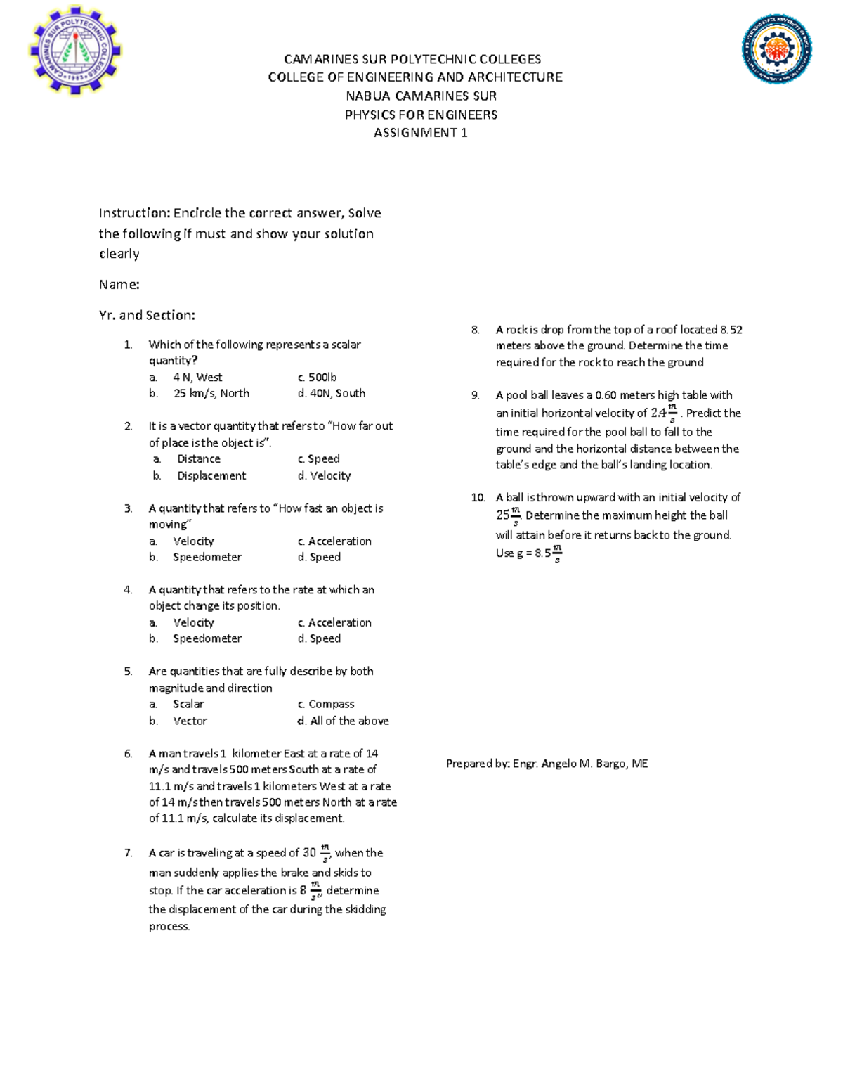 Assignment-1 - Word problem sample - CAMARINES SUR POLYTECHNIC COLLEGES ...