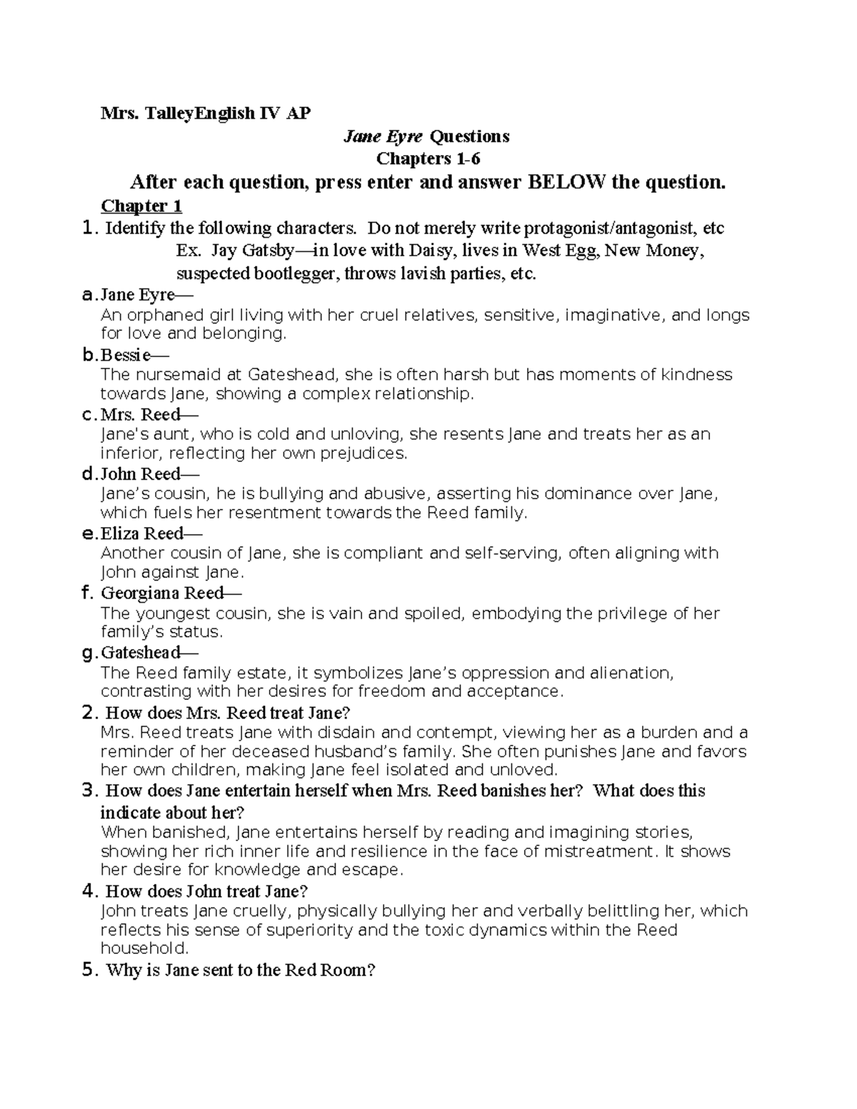 Jane Eyre (Ch 1-6) Study Guide: Key Q&A and Character Analysis - Studocu