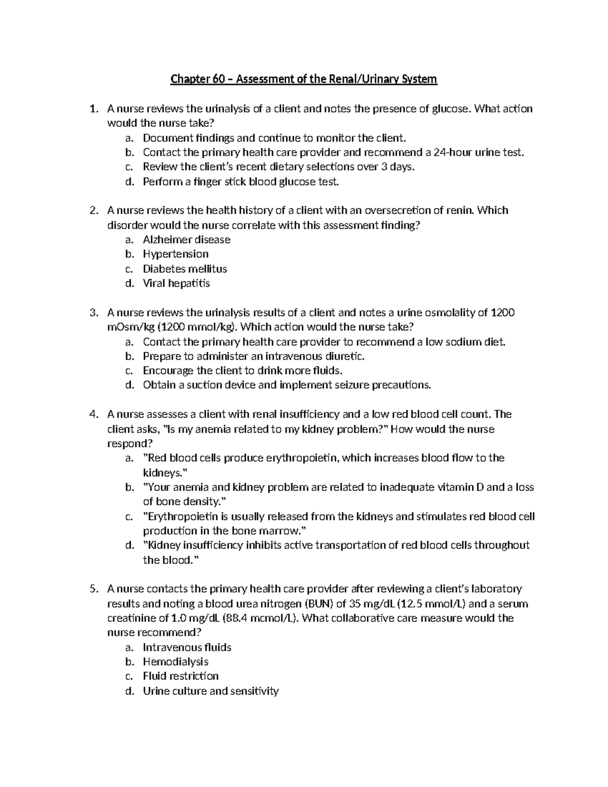 Assessment of the Renal/Urinary System (Chapter 60) - Study Notes - Studocu