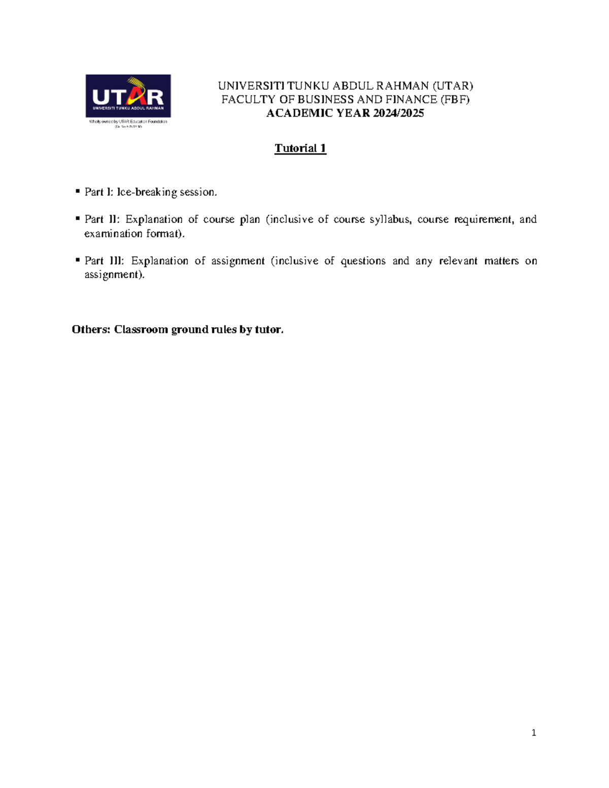 UTAR FBF Academic Year: Comprehensive Tutorial Questions 1-14 on ...