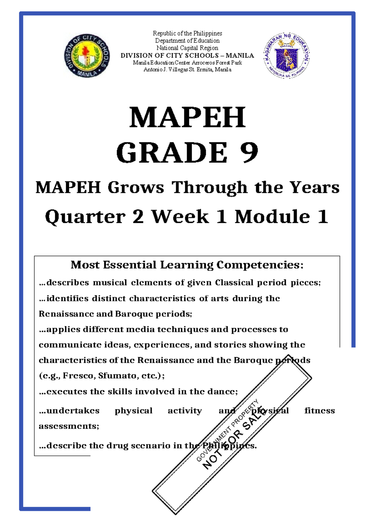 MAPEH Grade 9 Q2 W1 Module 1: Music, Art, Dance & Drug Scenarios - Studocu