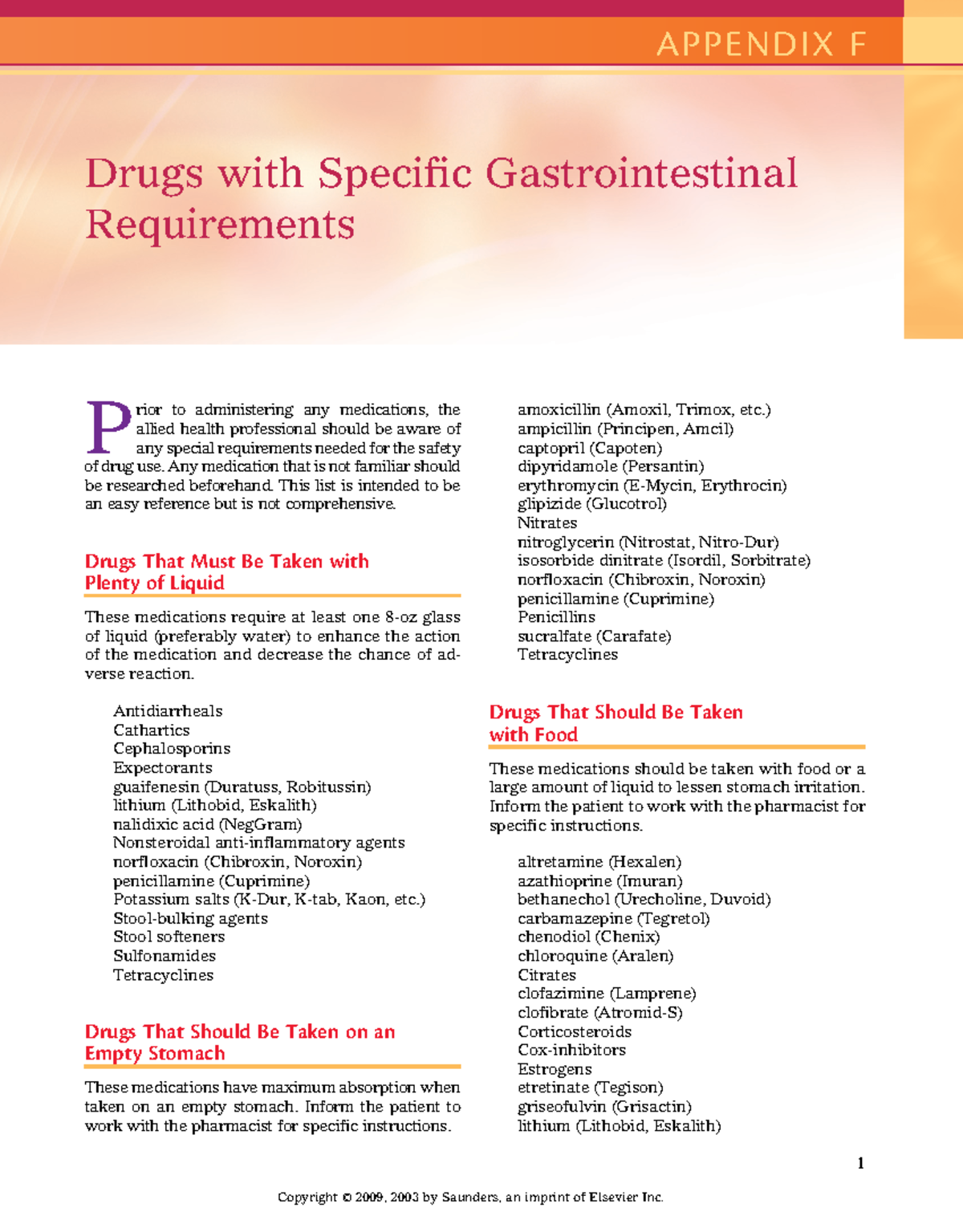 Drugs WITH Specific GI Requirements - APPENDIX F Drugs with Specific ...