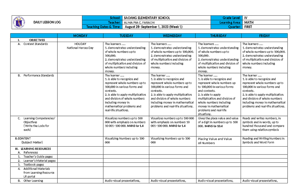 DLL MATH-4 Q1 W1 - Daily Lesson Plan: Visualizing Numbers to 100,000 ...