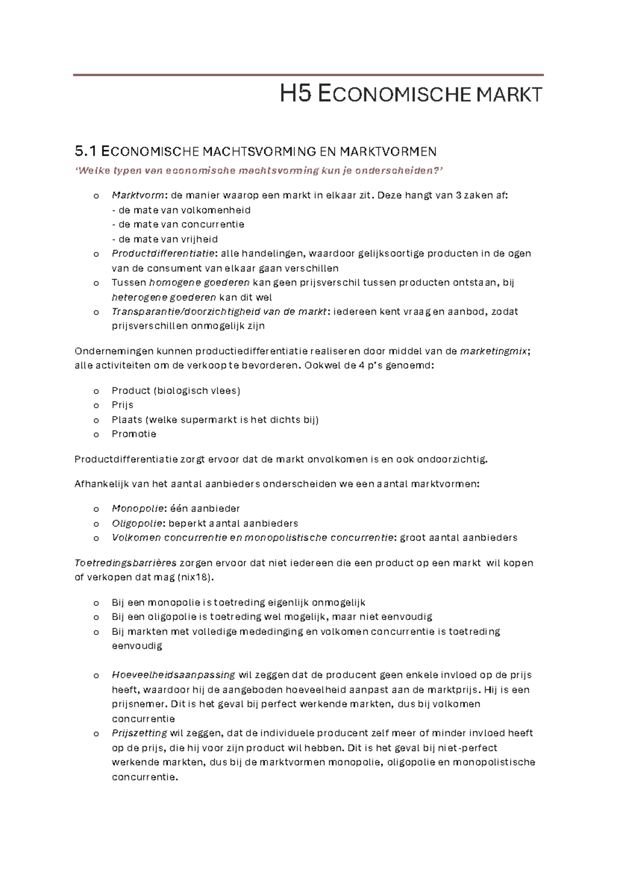 H5 ECONOMISCHE MARKT: Machtsvorming en Marktvormen Analyse - Studeersnel