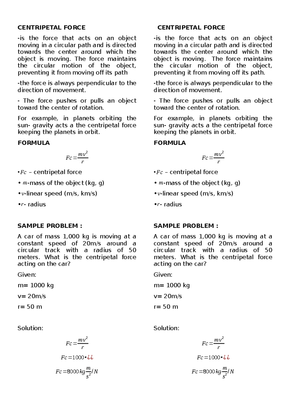 Centripetal Force Overview: Key Concepts and Sample Problem - Studocu