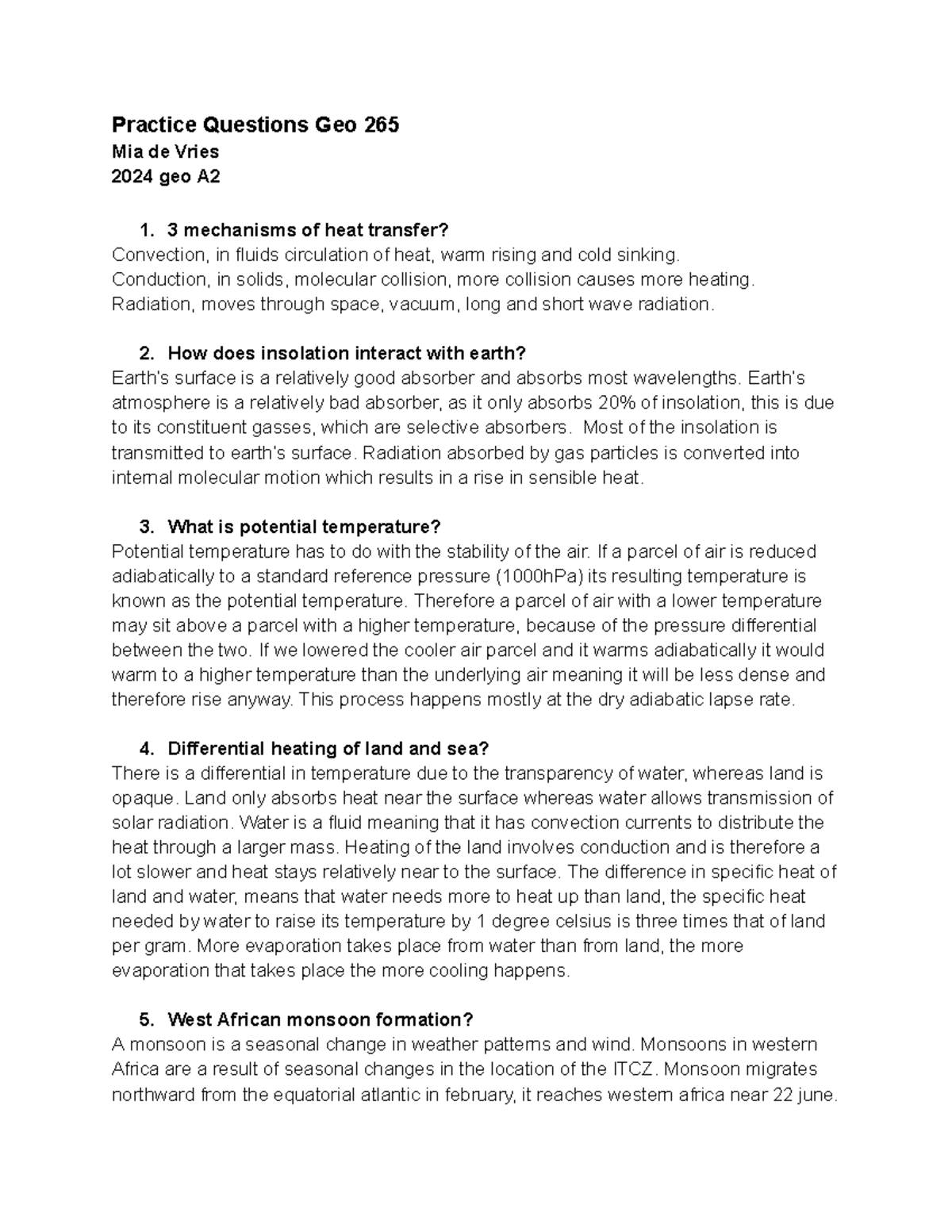 Practice Questions for Geo 265: Heat Transfer and Atmospheric Processes ...