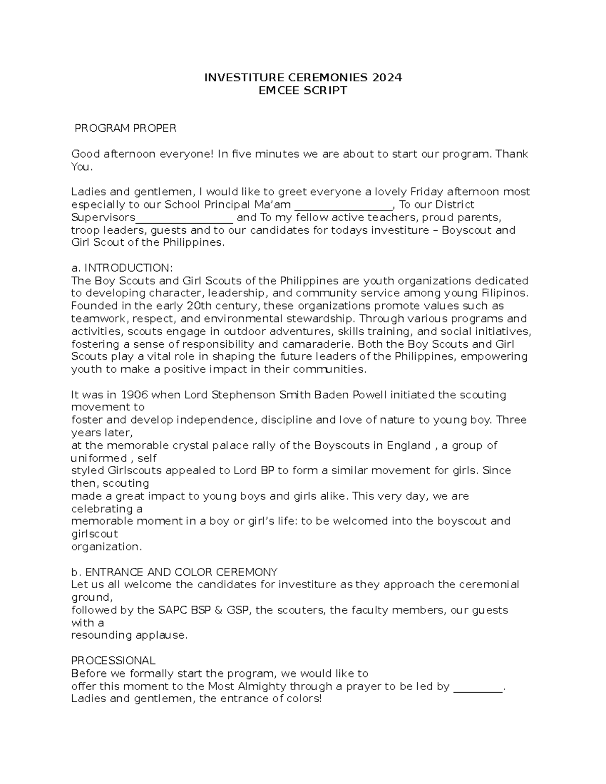 BSP/GSP Investiture Ceremony Emcee Script for 2024 - Studocu