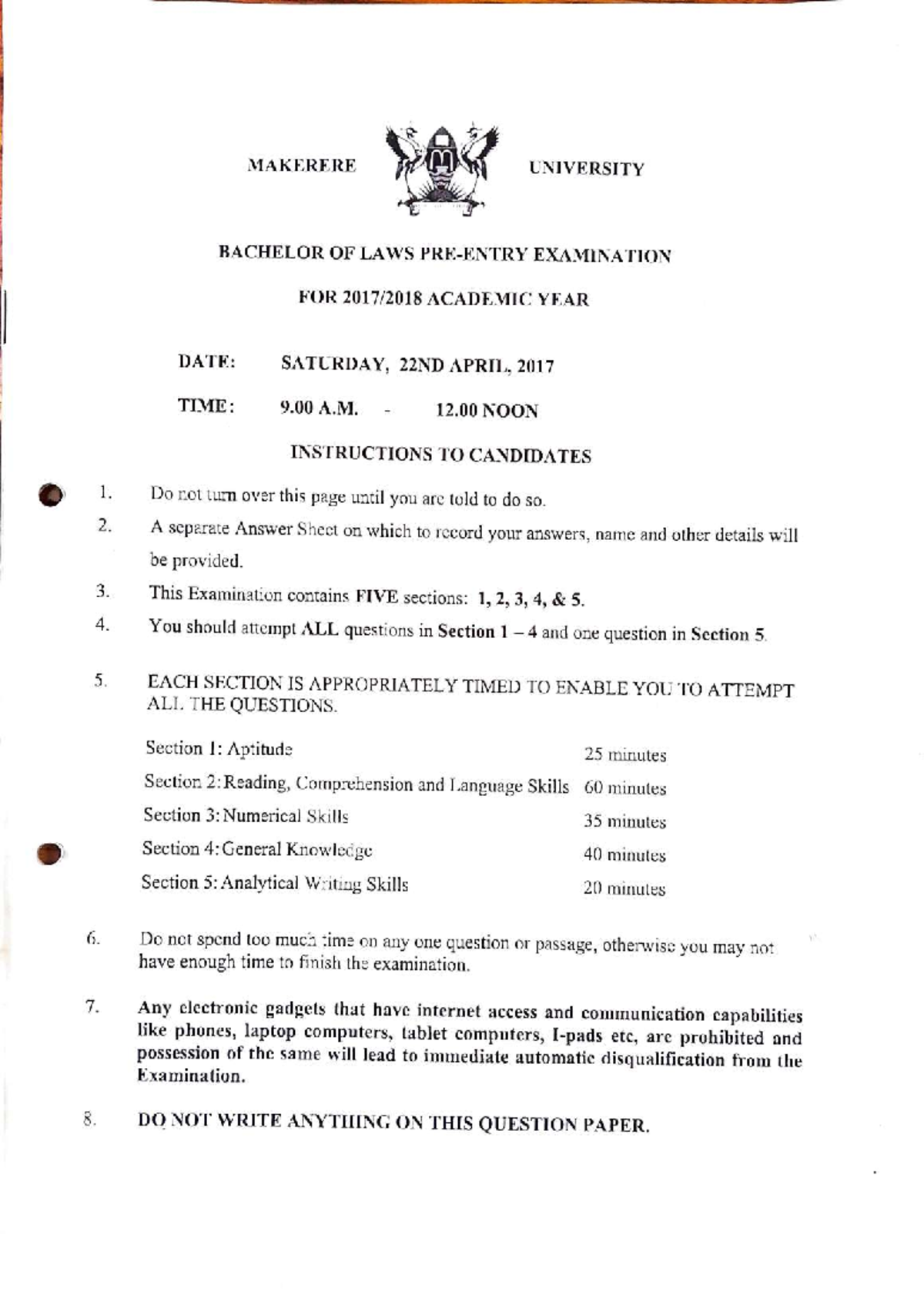 MAKERERE UNIVERSITY BACHELOR OF LAWS FINAL EXAMINATION PAST PAPER 2017 ...