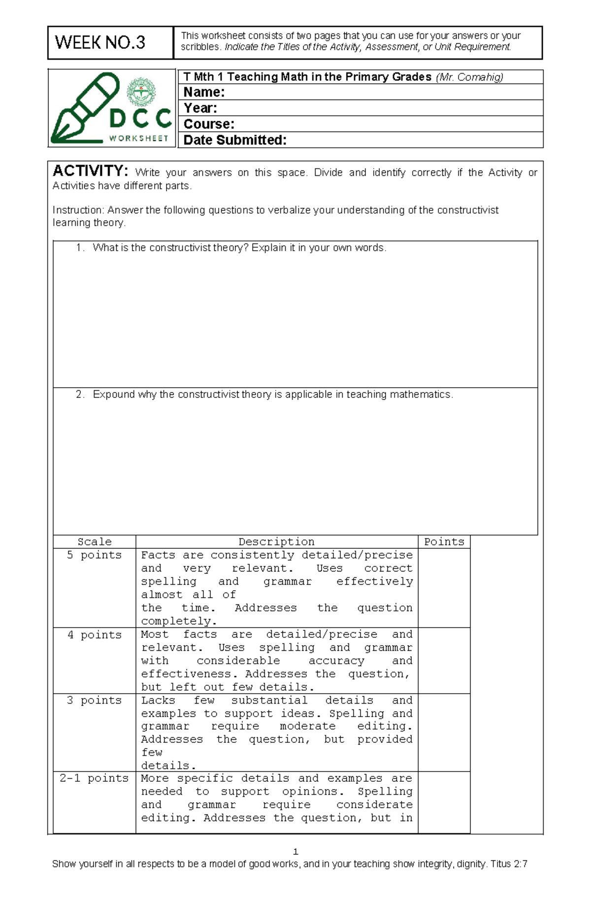 Week 3 Activity Sheet - None - T Mth 1 Teaching Math in the Primary ...