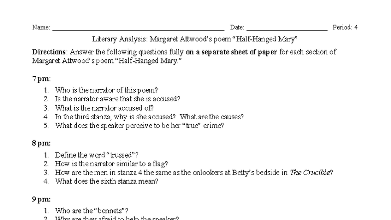 ENG 4 Literary Analysis: Questions on "Half Hanged Mary" Poem - Studocu