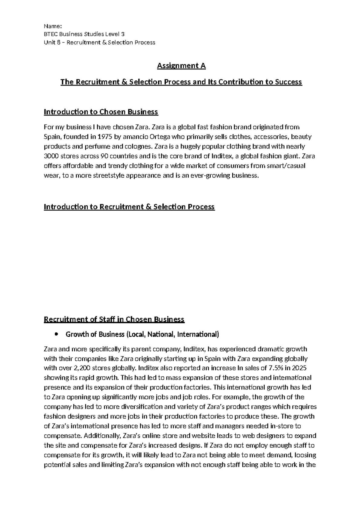 BTEC Business Studies Level 3 Unit 8: Recruitment & Selection Process ...