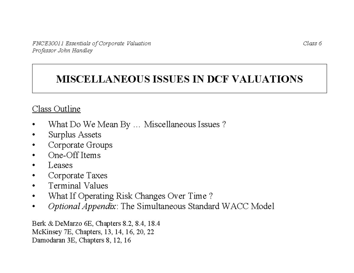 FNCE30011 Final Exam: Miscellaneous Issues in DCF Valuations - Studocu