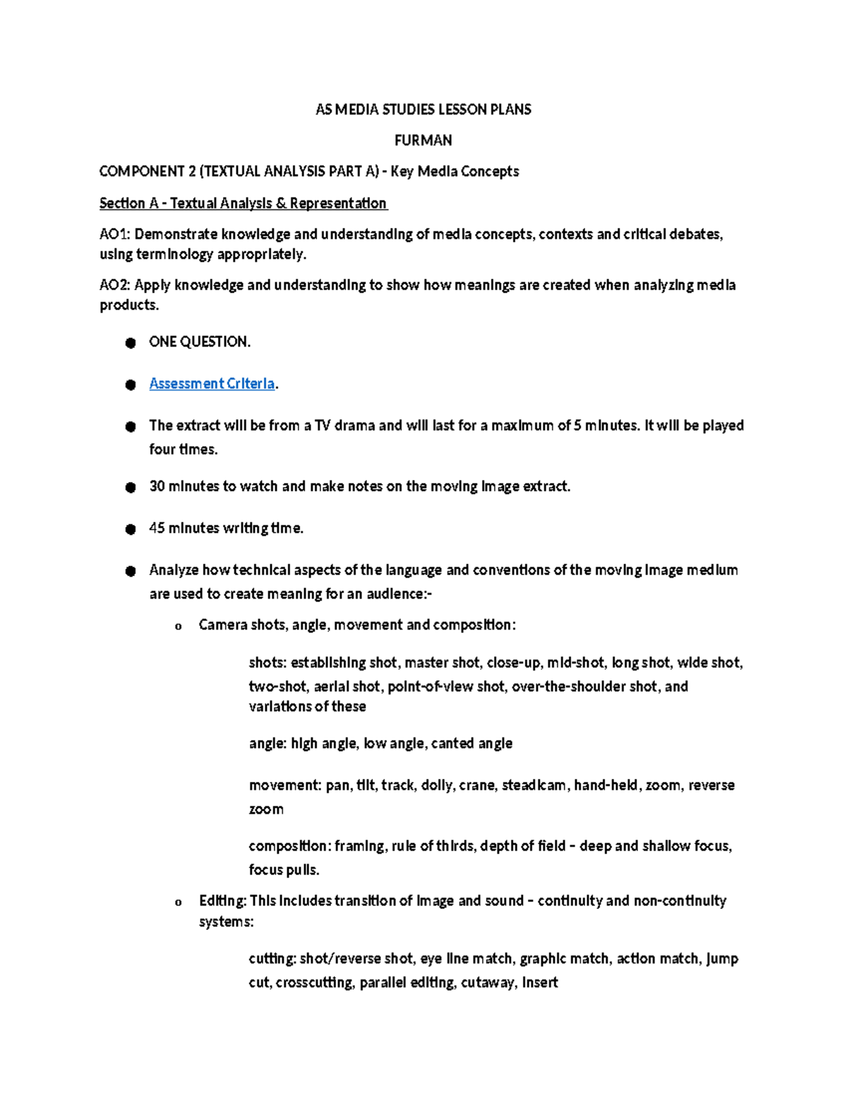 AS MEDIA STUDIES LESSON PLANS FURMAN COMPONENT 2: TEXTUAL ANALYSIS ...