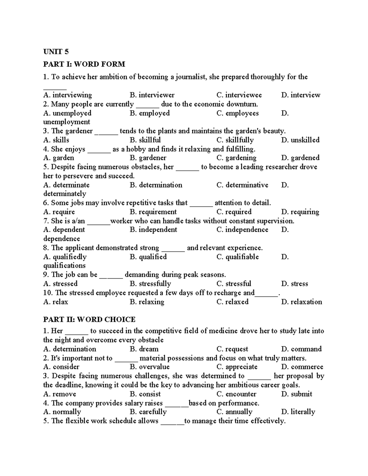 Revision Notes for Units 5-6: Word Form & Word Choice Exercises - Studocu