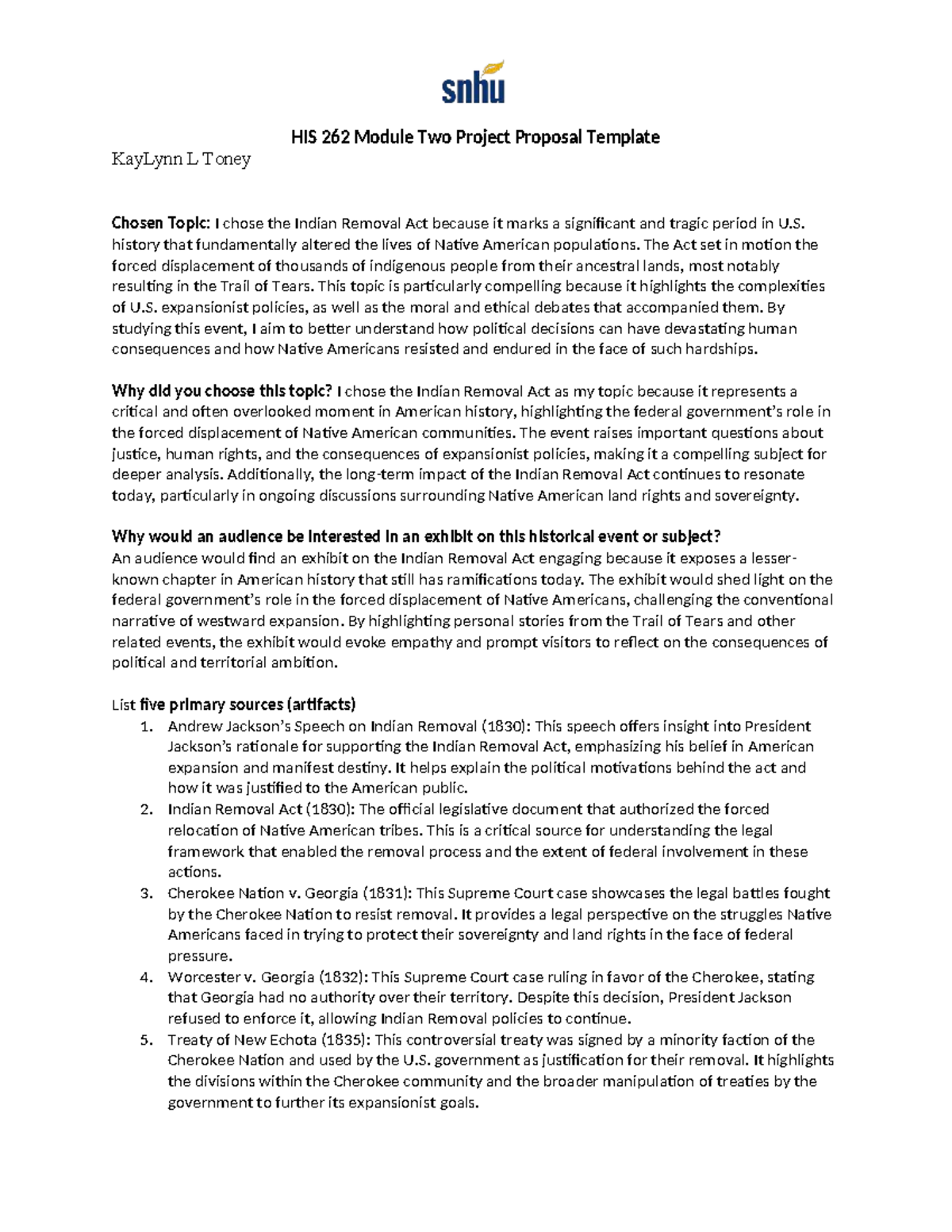 HIS 262 Module Two Project Proposal on Indian Removal Act - Studocu