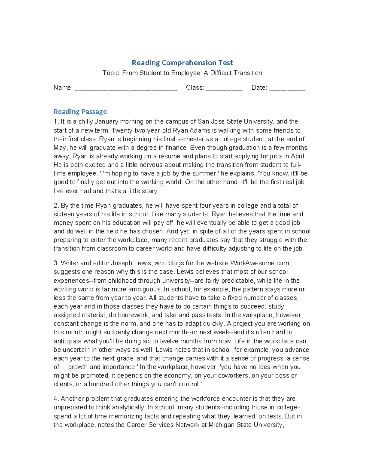 Reading Comprehension Test: From Student to Employee Transition - Studocu