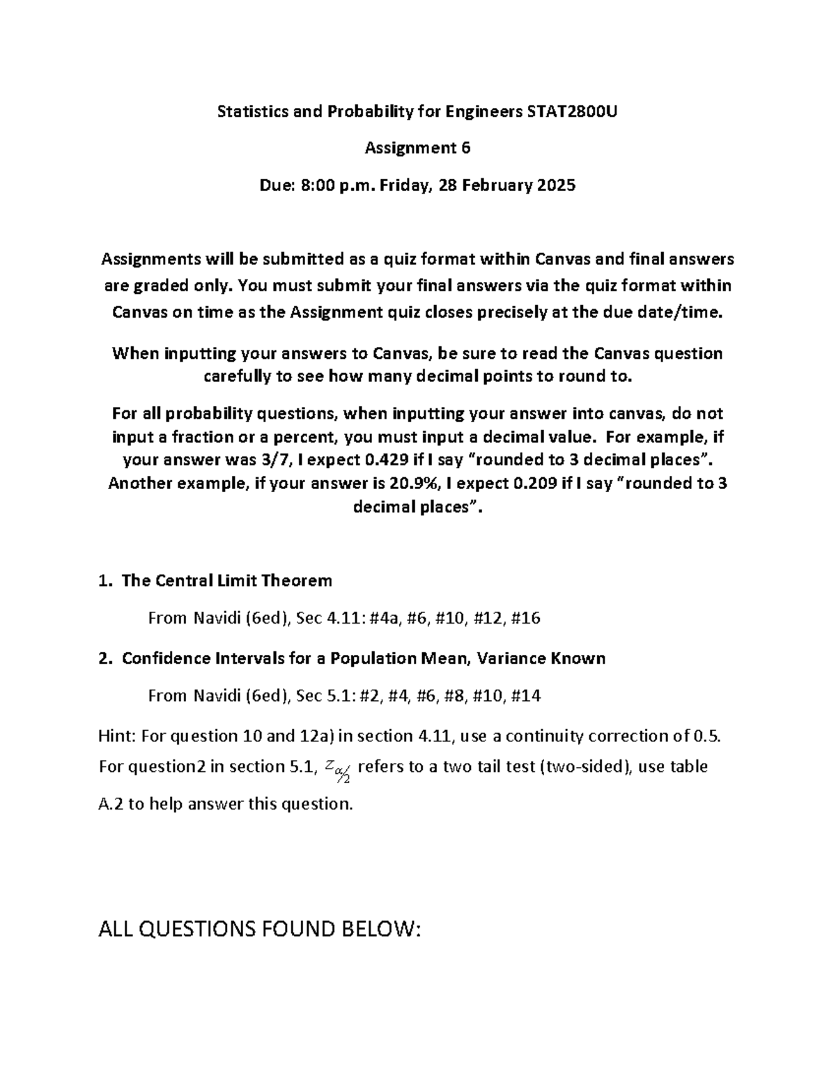 Assignment 6-2 - Statistics and Probability for Engineers STAT2800U ...