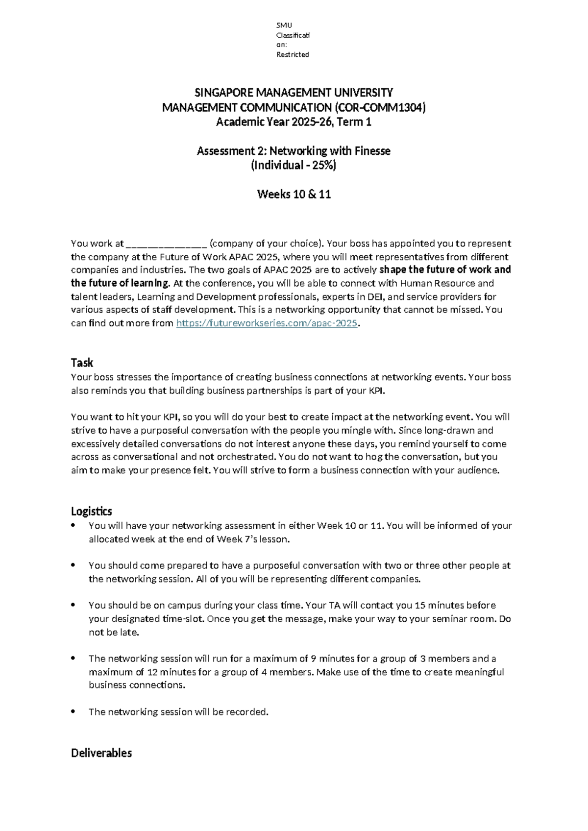 SMU MC Assessment 2: Networking with Finesse Brief - Studocu