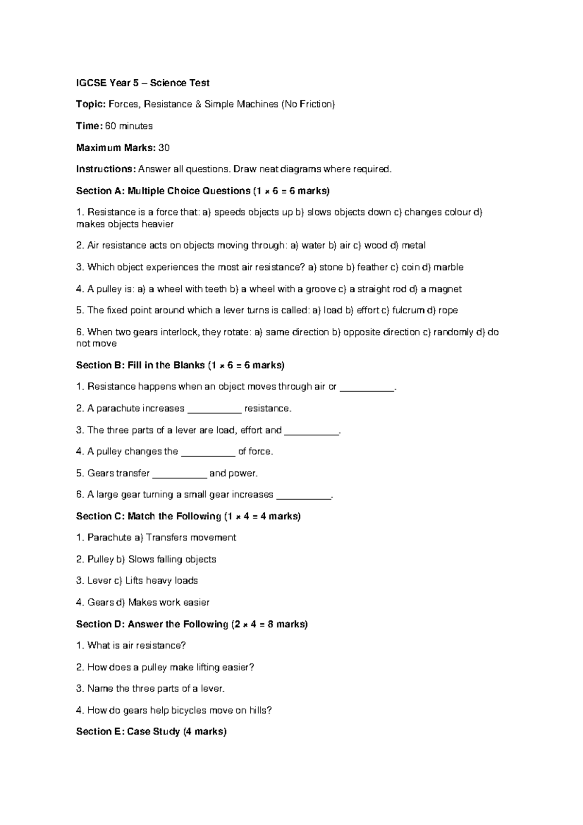IGCSE Year 5 Science Test: Forces & Simple Machines (No Friction) - Studocu