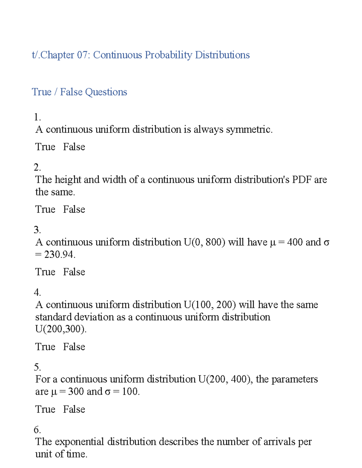 07: Continuous Probability Distributions Test Bank Questions - Studocu