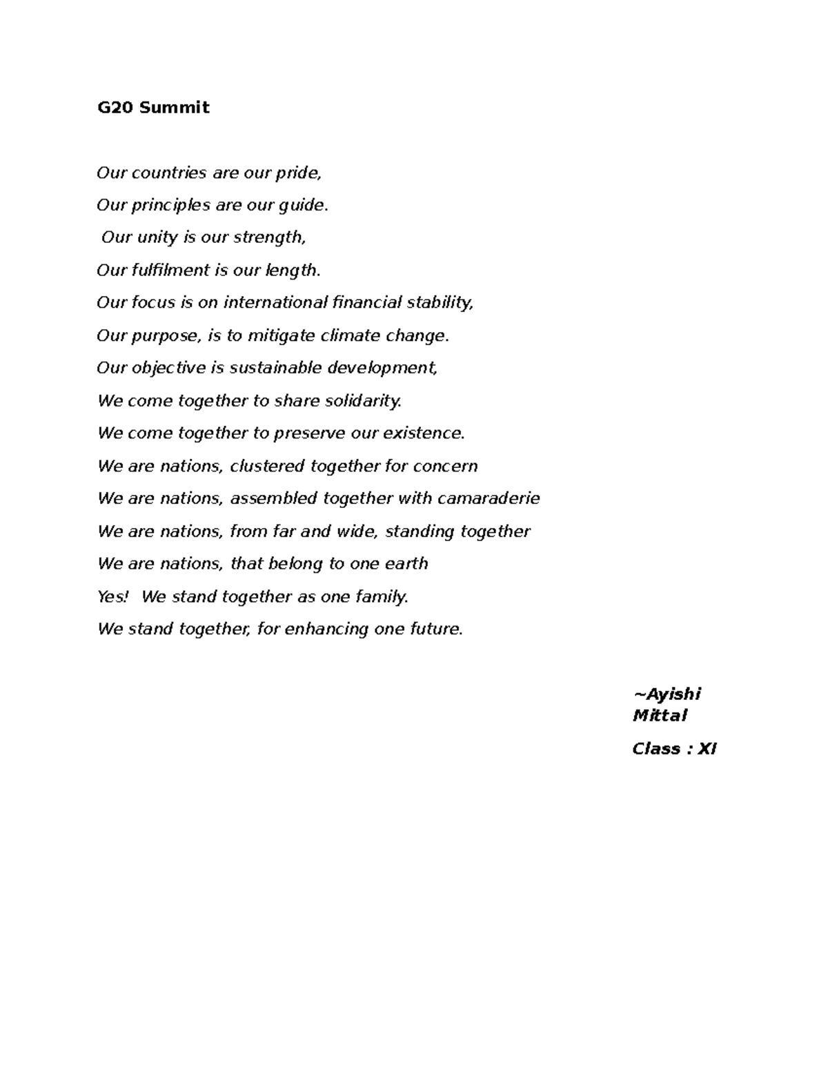 G20 Summit Poem by Ayishi Mittal - Class XI - Studocu