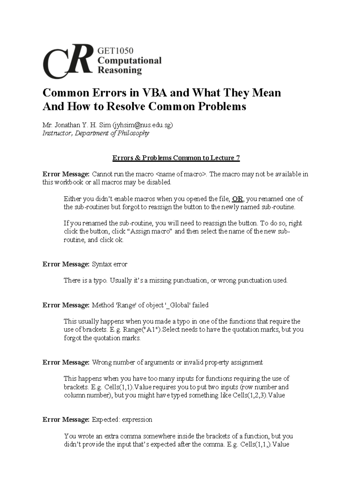 Common Errors in VBA: Understanding and Resolving Issues - Lecture 7 ...