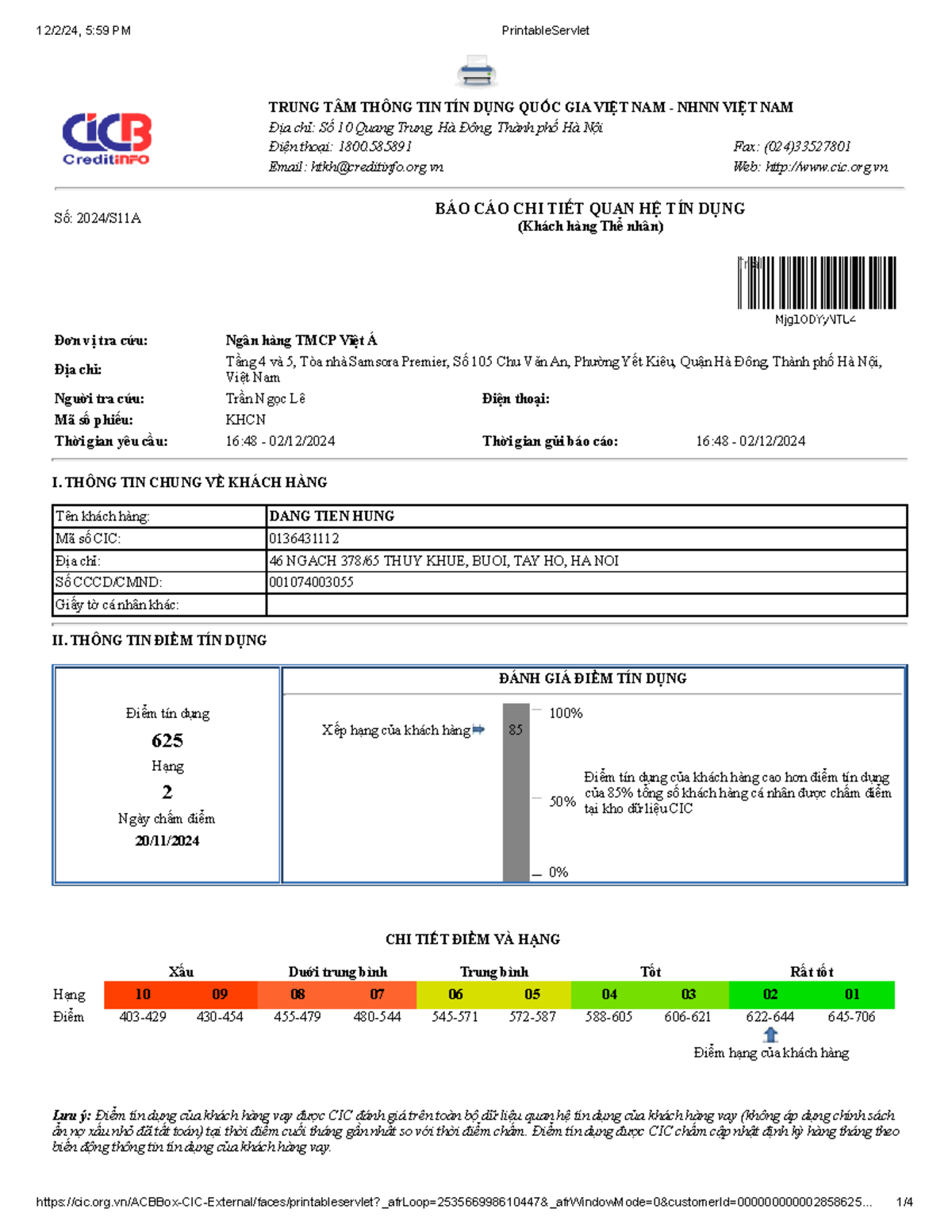 CIC Report - Dữ liệu tín dụng khách hàng DANG TIEN HUNG 2024/S11A - Studocu