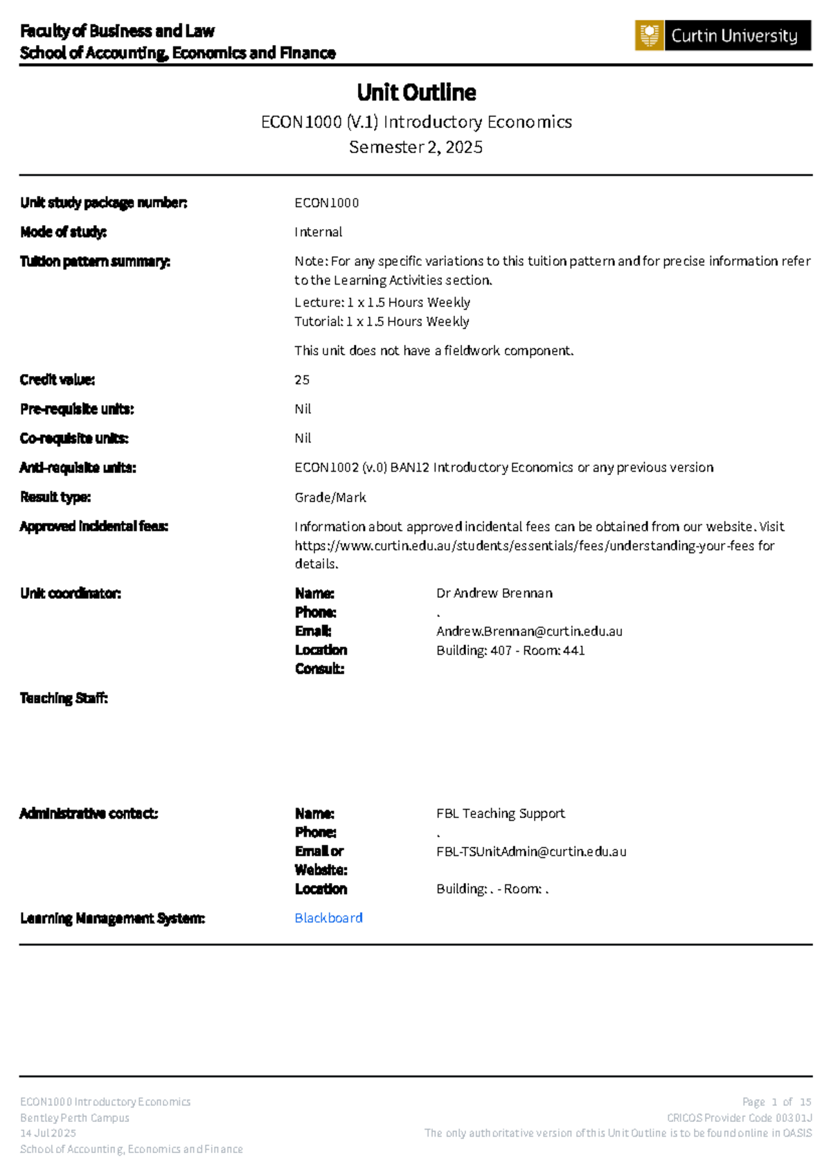 ECON1000 - Unit Outline for Introductory Economics S2 2025 - Studocu
