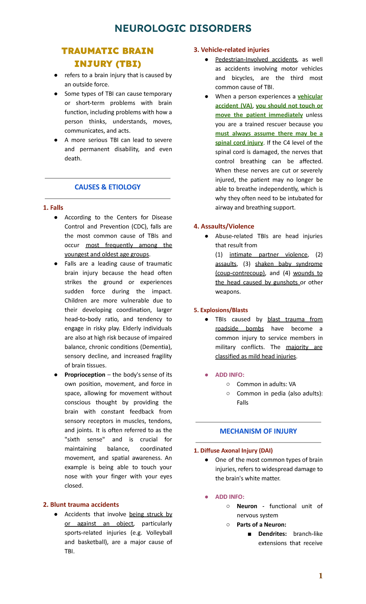 Neuro (1) TBI - Comprehensive Study Notes on Traumatic Brain Injury ...