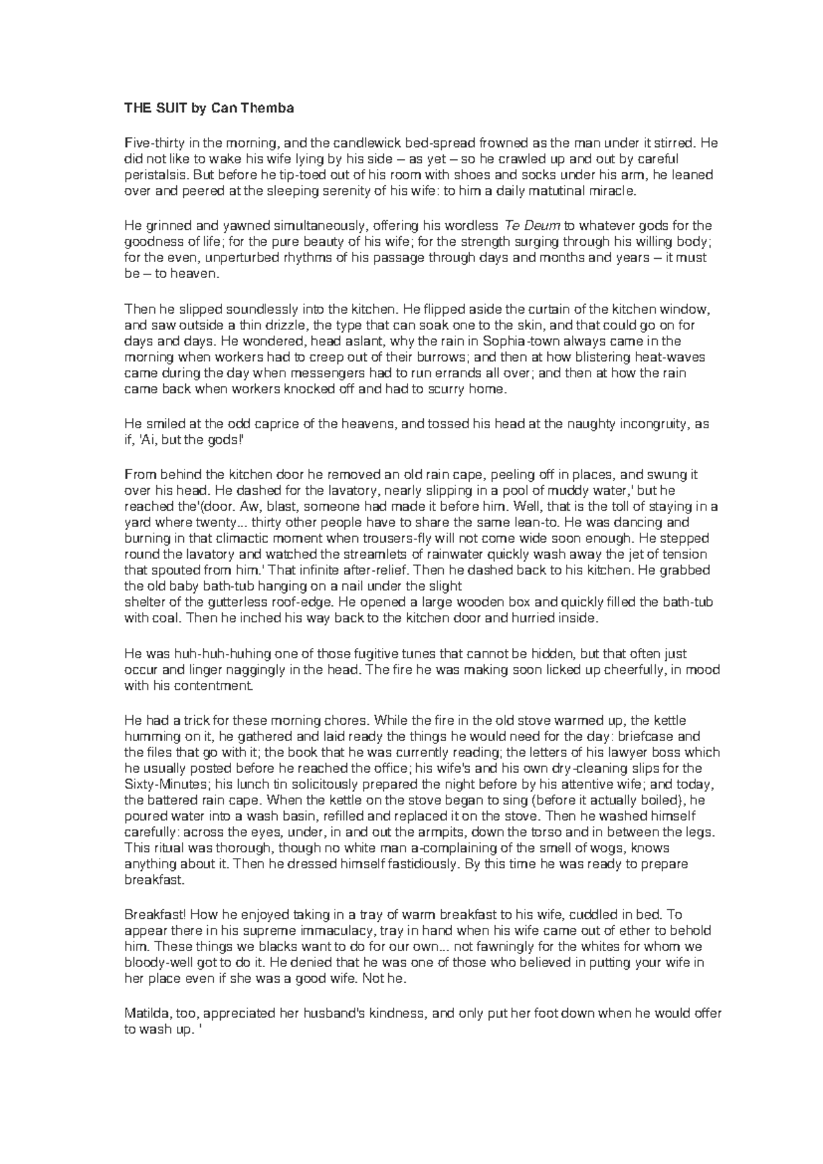 THE SUIT by Can Themba - Study Notes for Literature Module - Studocu