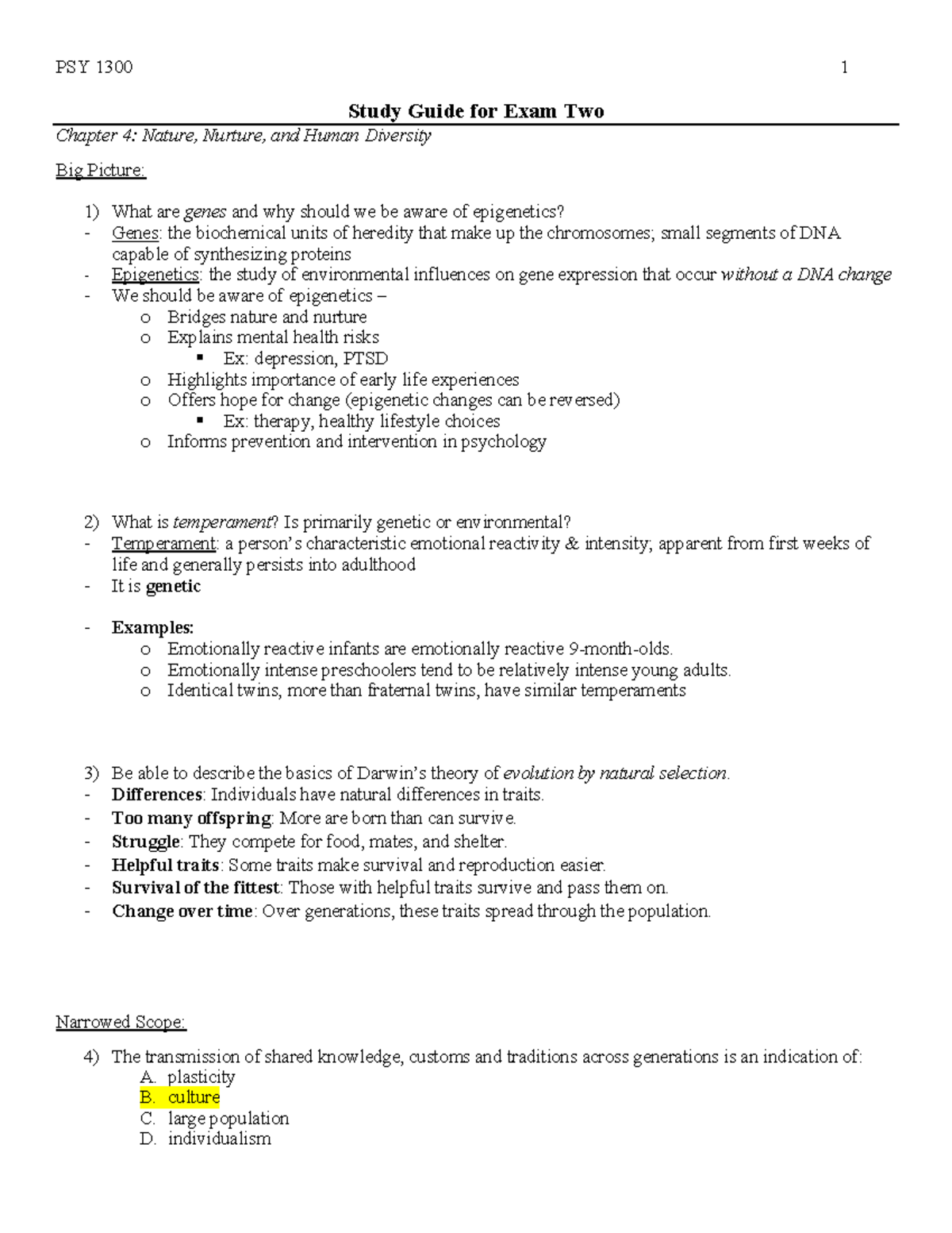 PSY 1300 Study Guide for Exam 2: Nature vs. Nurture & Lifespan Dev ...