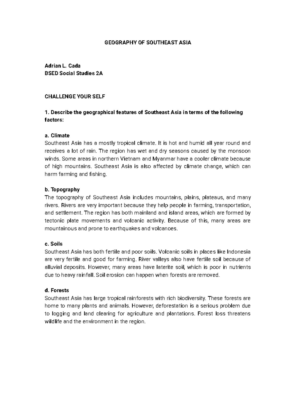 GEOGRAPHY OF SOUTHEAST ASIA: BSED Social Studies 2A Insights - Studocu