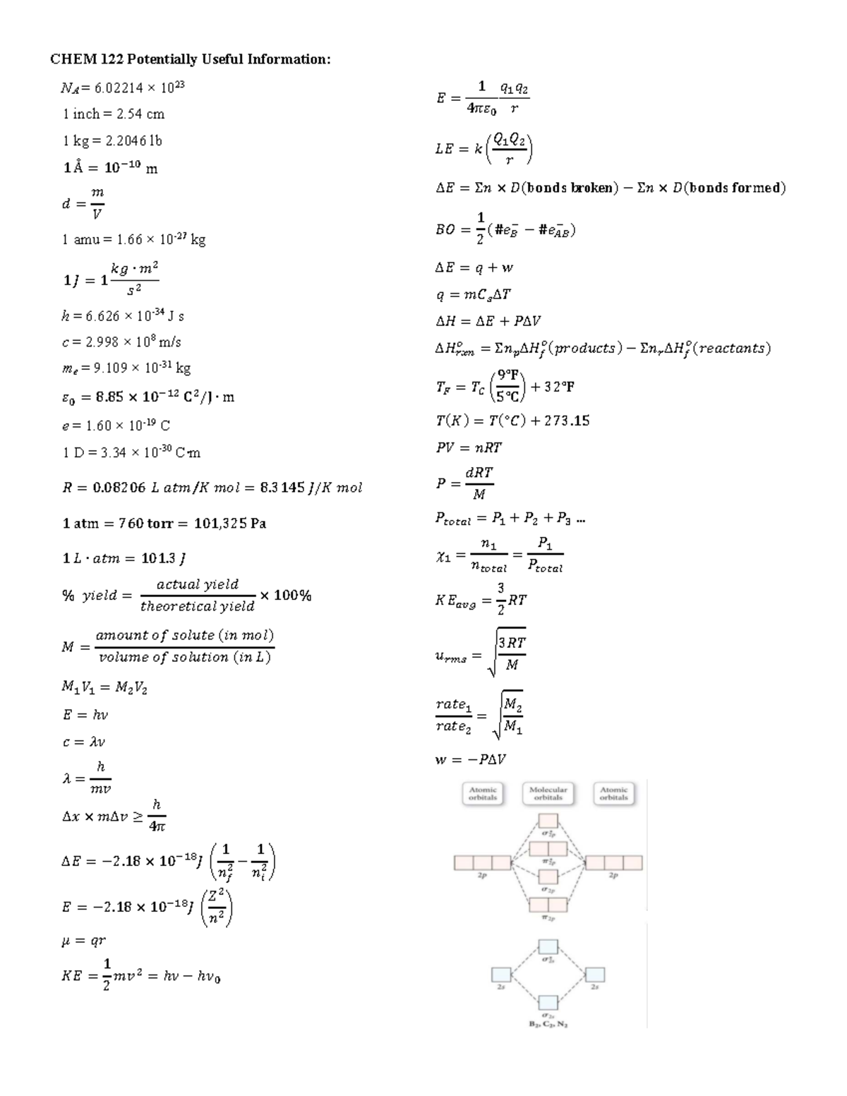 CH 122 Exam Equation Sheet - CHEM 122 Potentially Useful Information ...