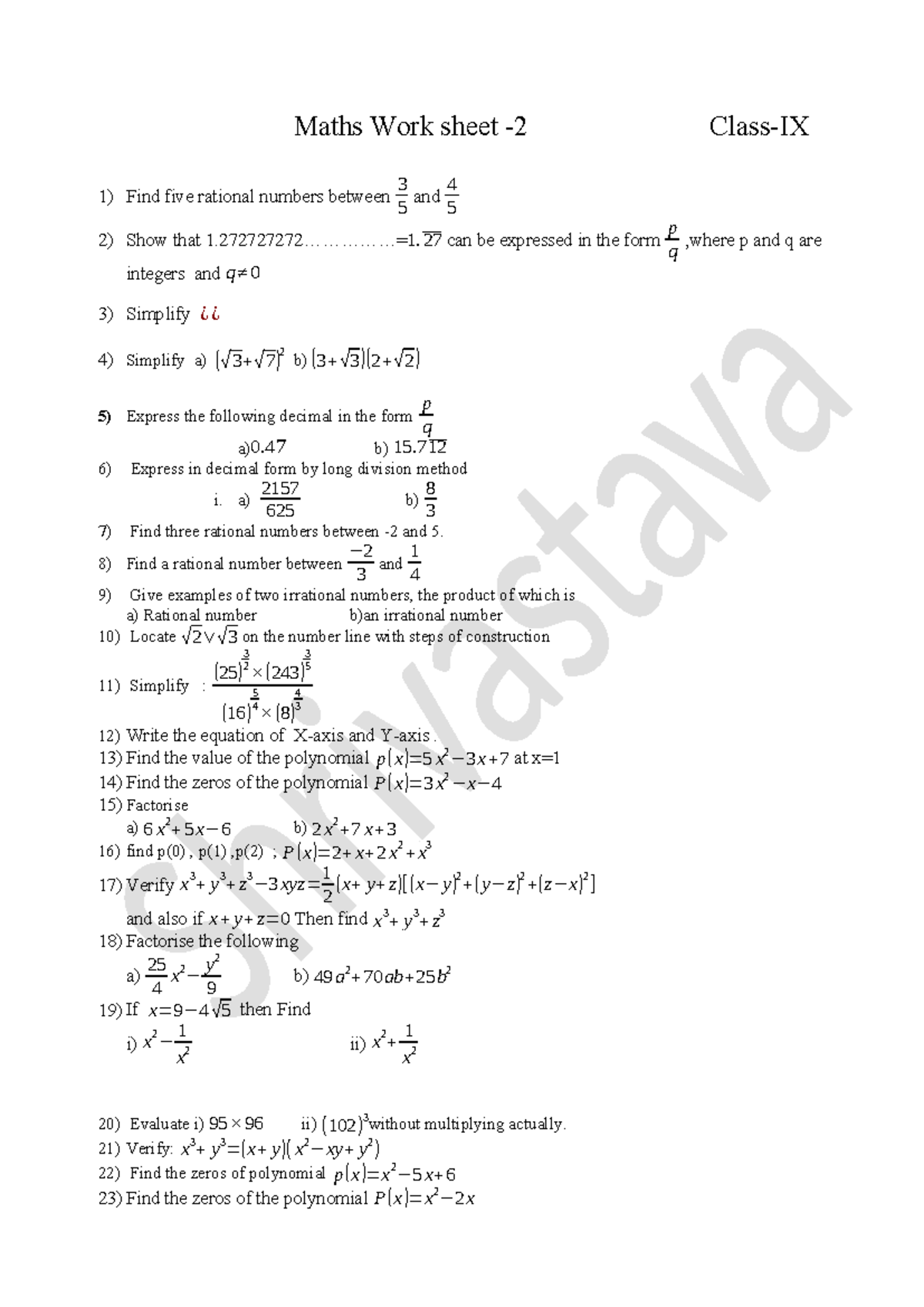 9th Grade Maths Worksheet: Rational Numbers & Geometry Concepts - Studocu