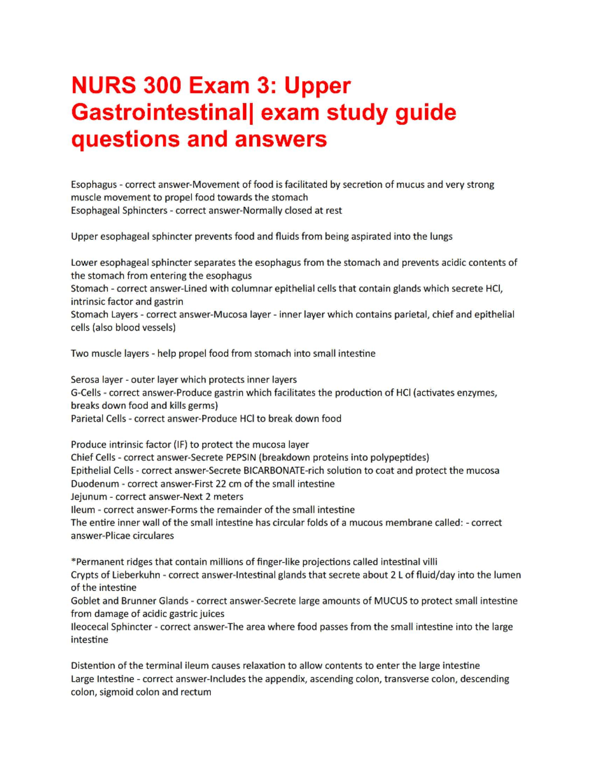 NURS 300 Exam 3 Upper GI Study Guide: Q&A for Effective Preparation ...