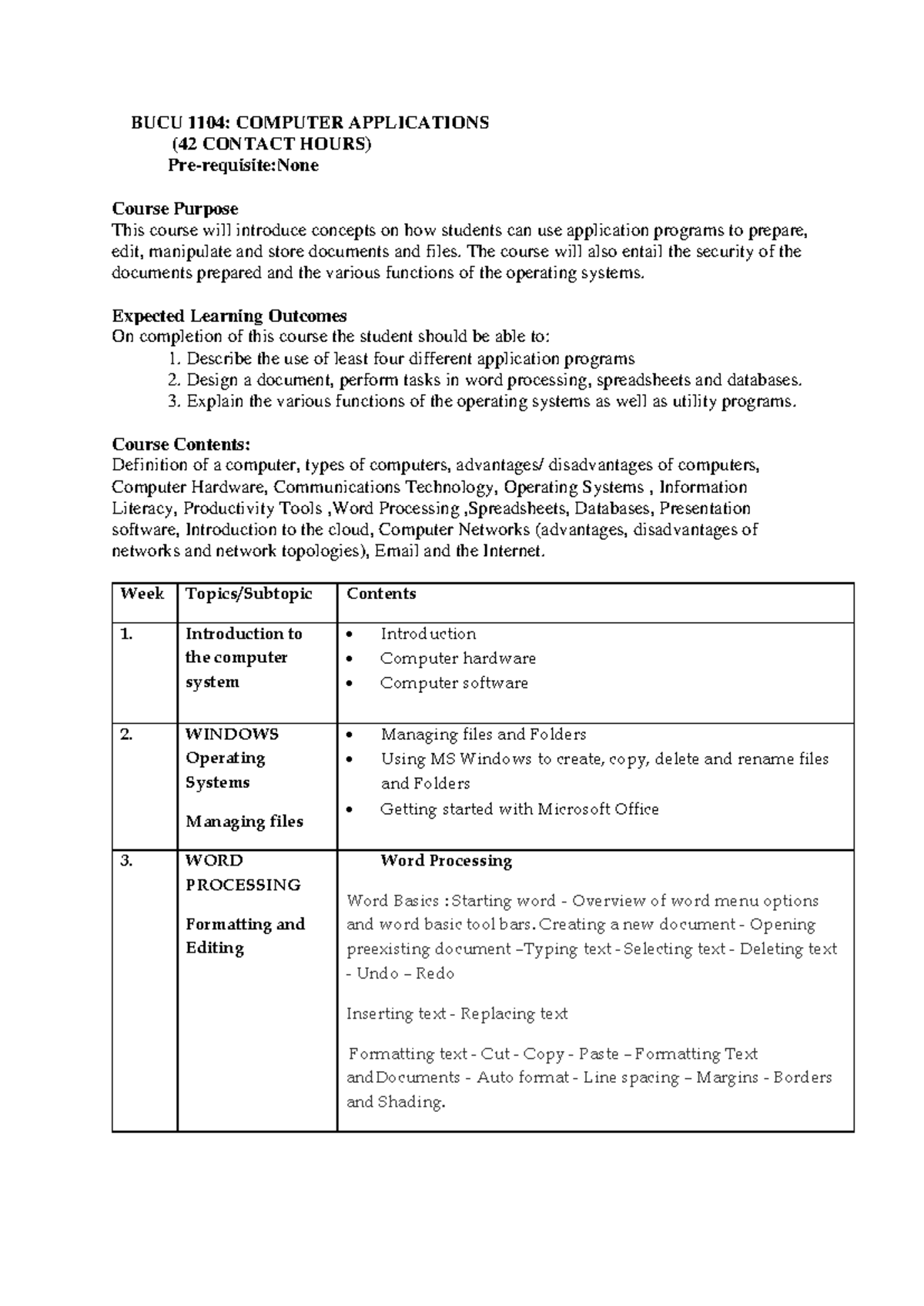 BUCU 1104: Computer Applications Course Outline and Learning Outcomes - Studocu