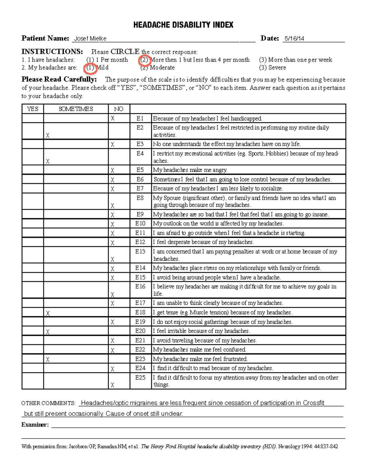 Headache Disability Index Assessment - Patient Josef Mielke - Studocu