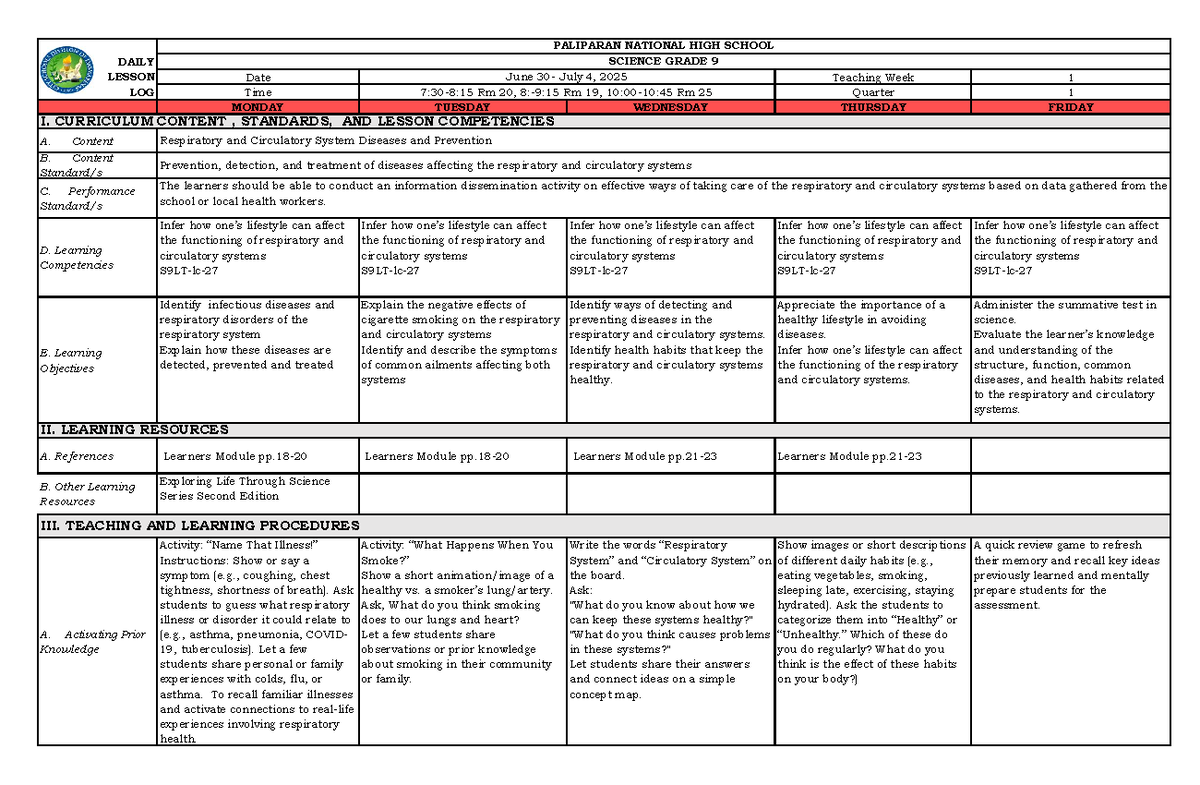 Q1W3 - Grade 9 Daily Lesson Log: Respiratory & Circulatory Systems ...