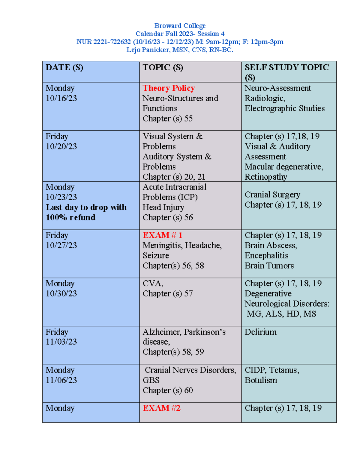 Fall 2023 - NUR 2221 Reading List & Study Schedule - Studocu
