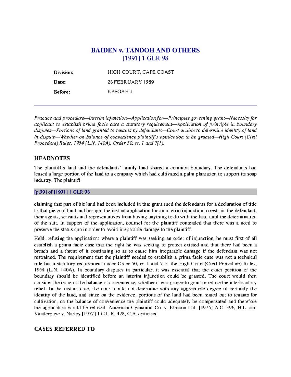 "BAIDEN v. TANDOH: High Court Ruling on Interim Injunction (1 GLR 98 ...